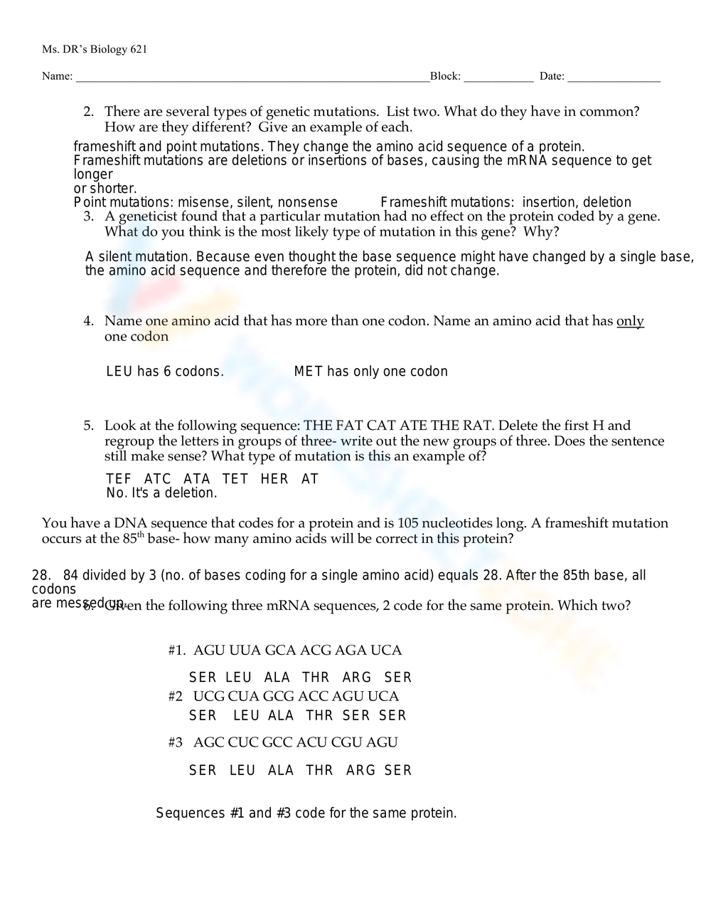 Gene And Chromosome Mutation Worksheet Answer Key Mutations