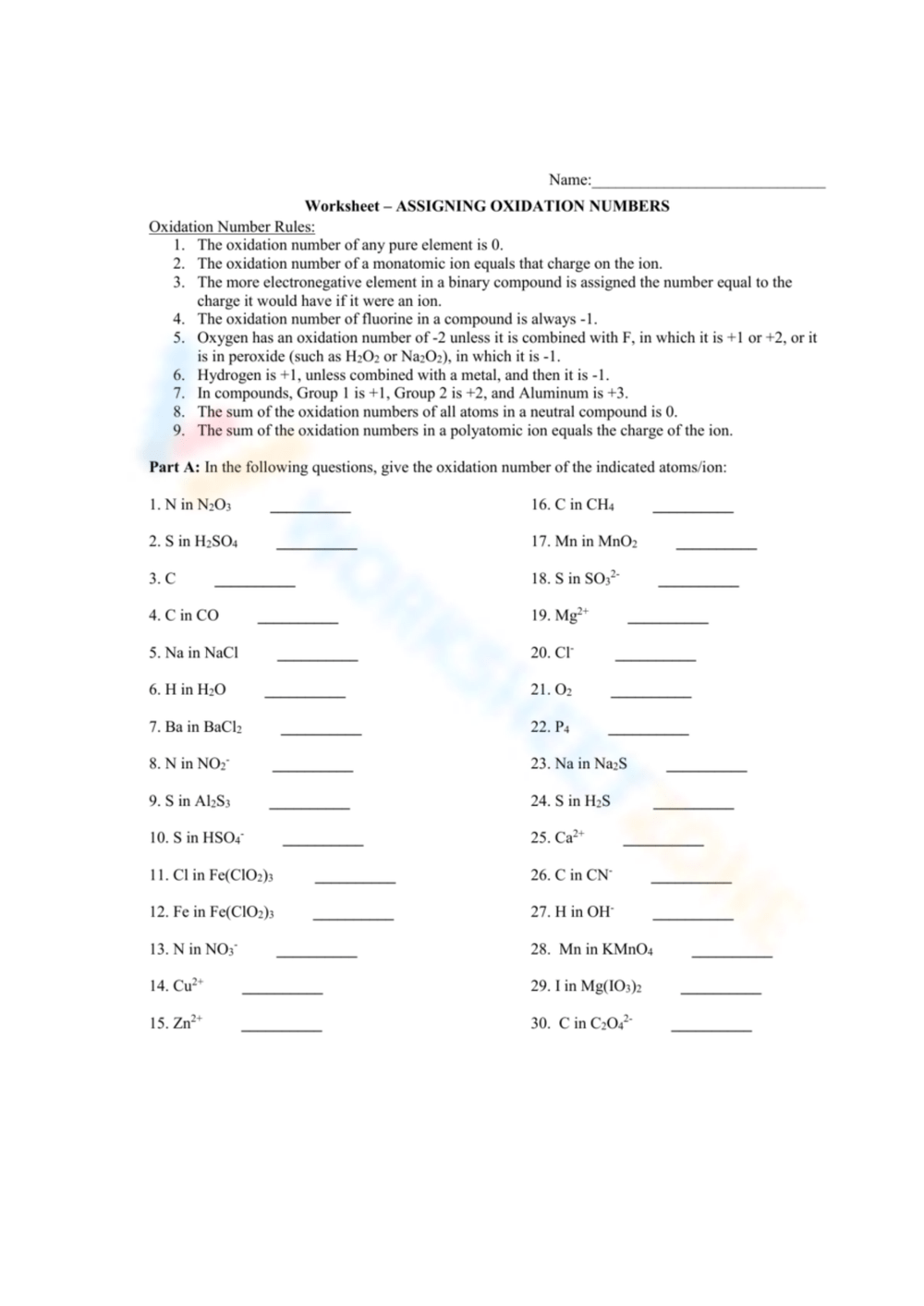 Assigning Oxidation Number Worksheet Assigning Oxidation Number Worksheet