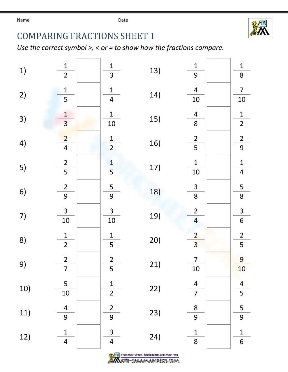 Compare Fraction Worksheet Compare Fraction Worksheet
