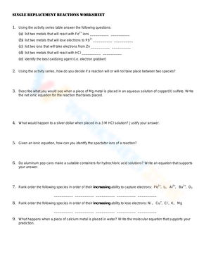 Single replacement reaction worksheets