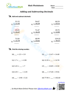 Free Printable Adding and Subtracting Decimals Worksheets