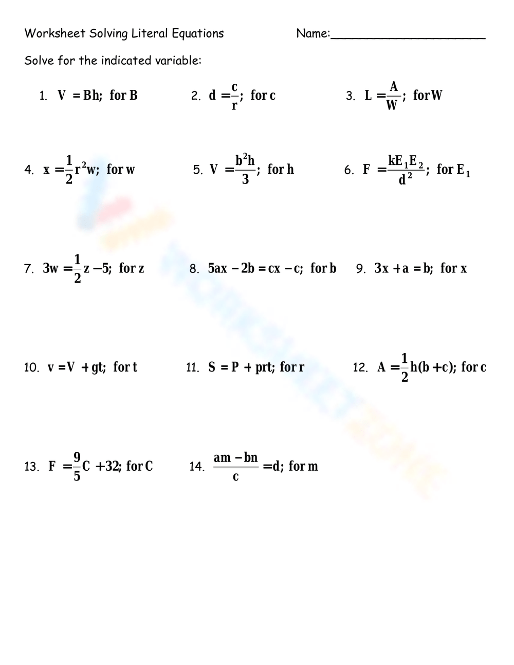 Mastering Worksheet Solving Literal Equations Mastering Worksheet Solving Literal Equations
