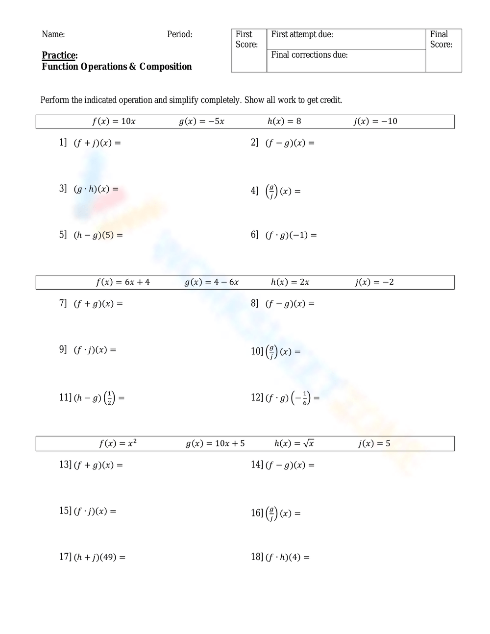 Function Operations And Composition Of Functions Worksheet