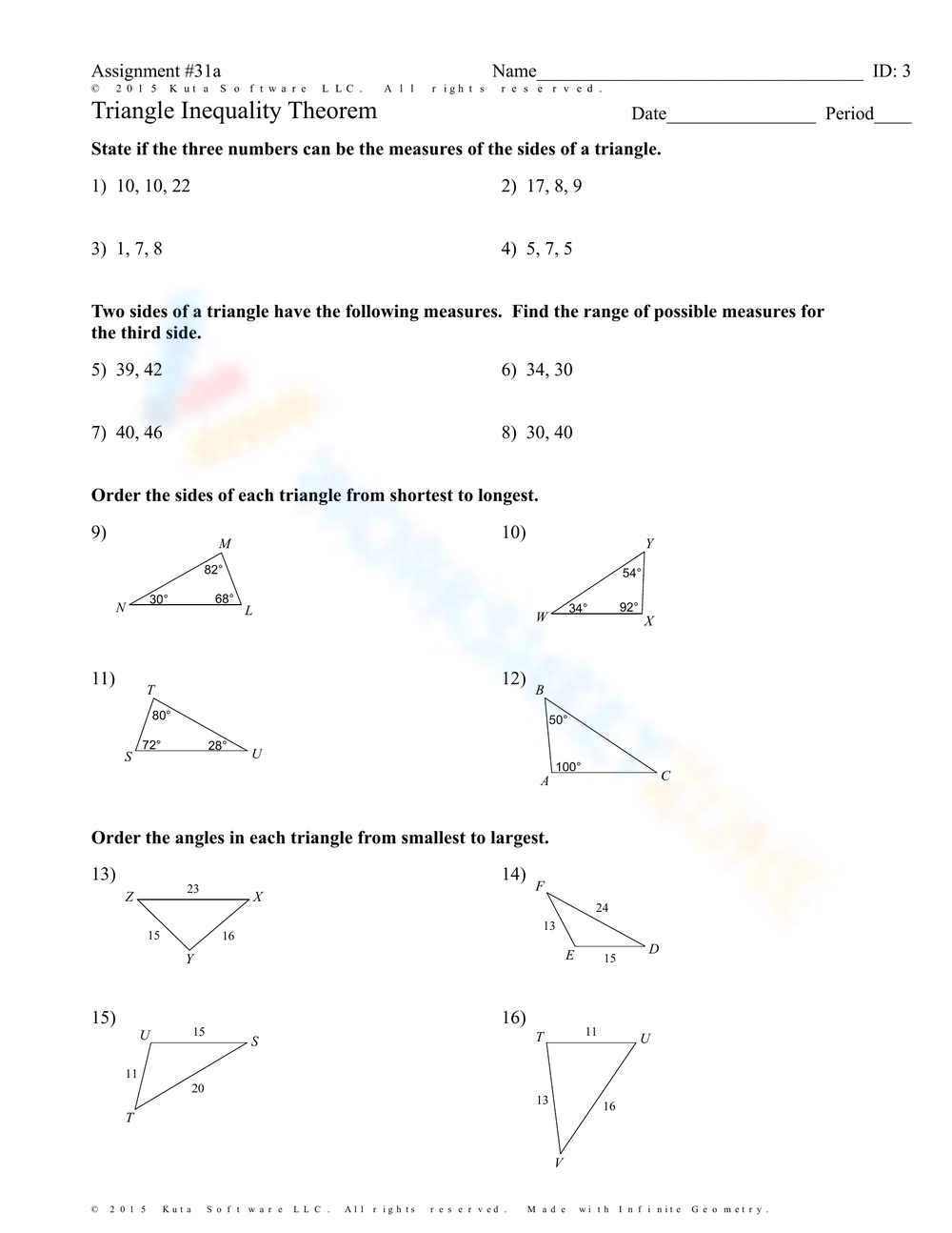 Free Printable Triangle Inequality Theorem Worksheets Free Printable Triangle Inequality Theorem Worksheets