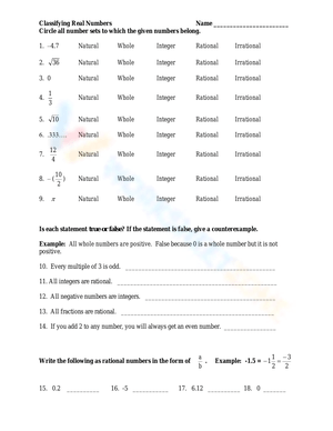 Classifying Real Numbers Worksheets