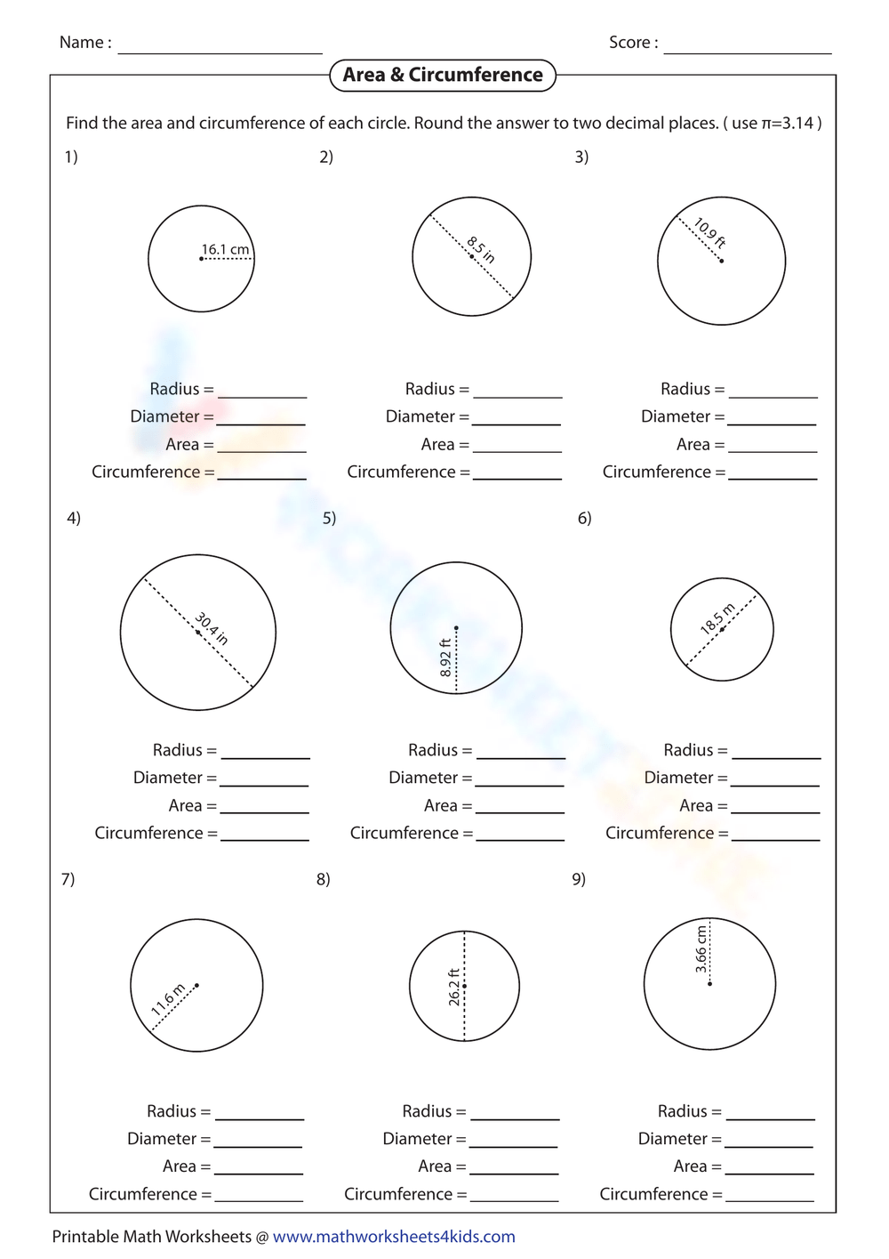 Area & Circumference Worksheet