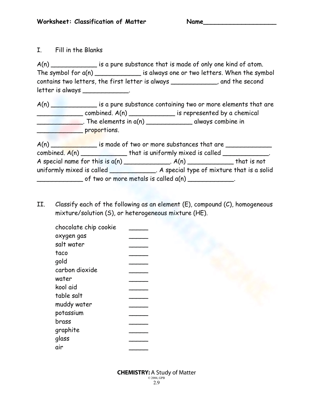 Classification Of Matter Worksheet Answer Key Adriansonfifth