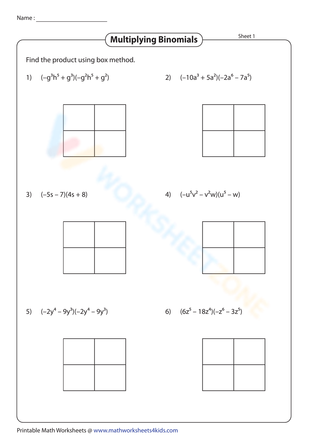Multiplying Binomial Using Box Method Worksheet Multiplying Binomial Using Box Method Worksheet