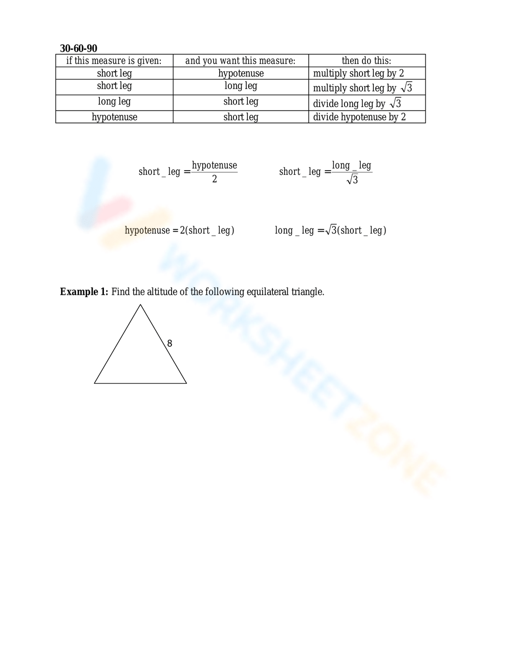 Special Right Triangles Note Worksheet