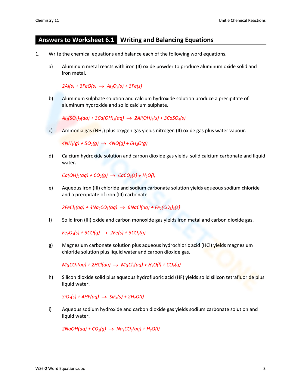 Unit 6 Balancing Chemical Reactions Worksheet 2 Answers Name Date Pd
