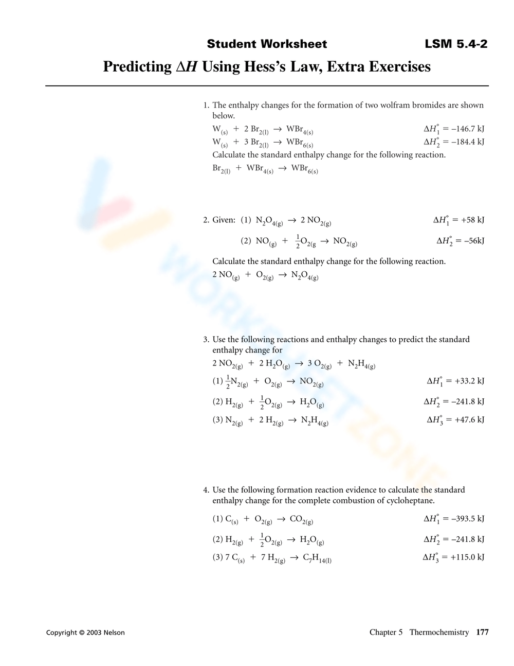 Predicting ∆H Using Hess’s Law, Extra Exercises Worksheet