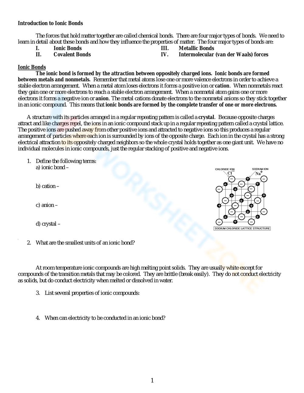 Ionic Bonds Worksheet