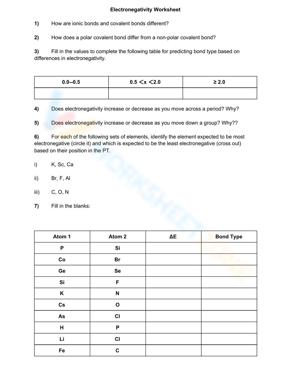 Top 6 Electronegativity Worksheet Templates Free To