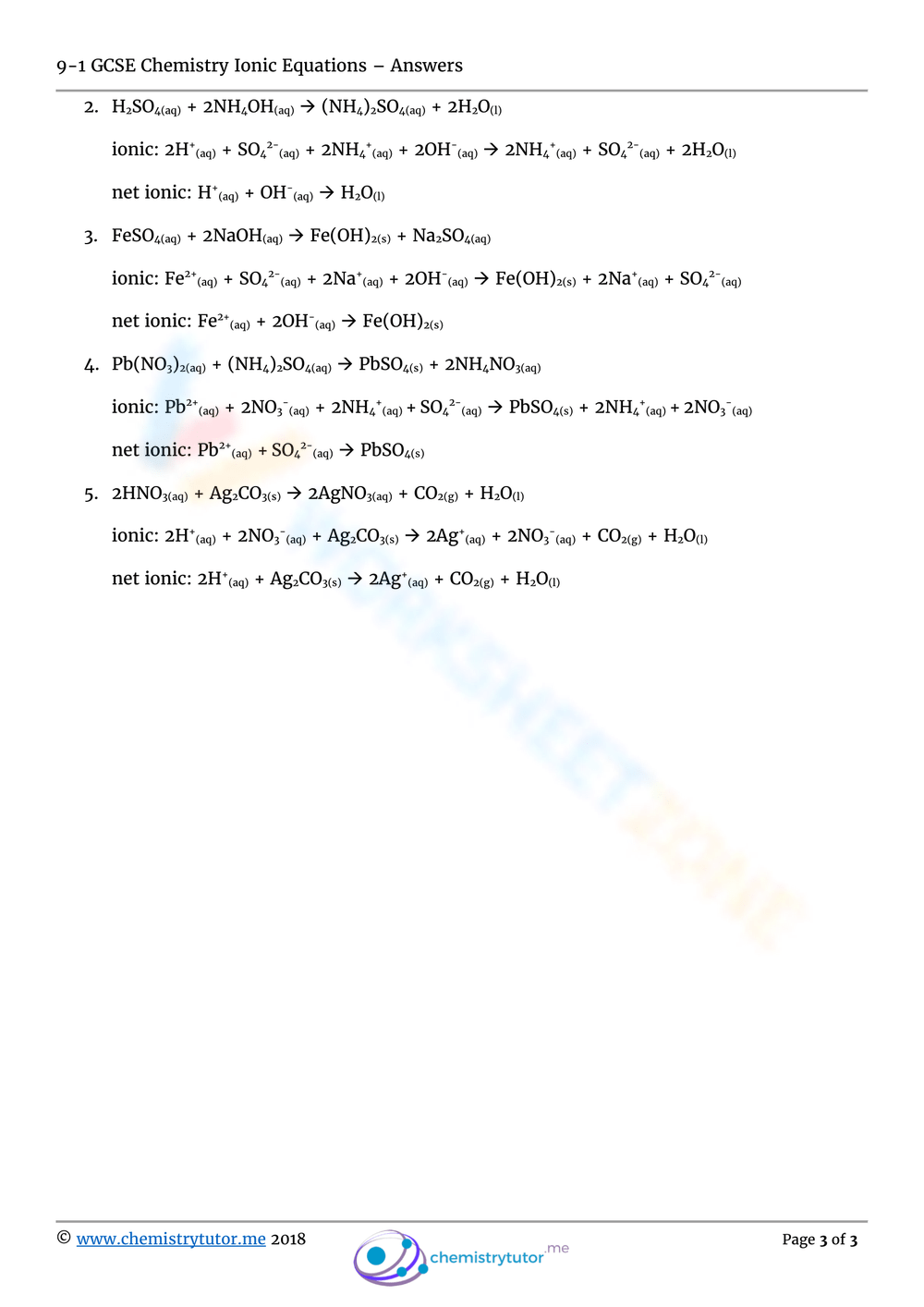 Ionic Equations Worksheet Ionic Equations Worksheet