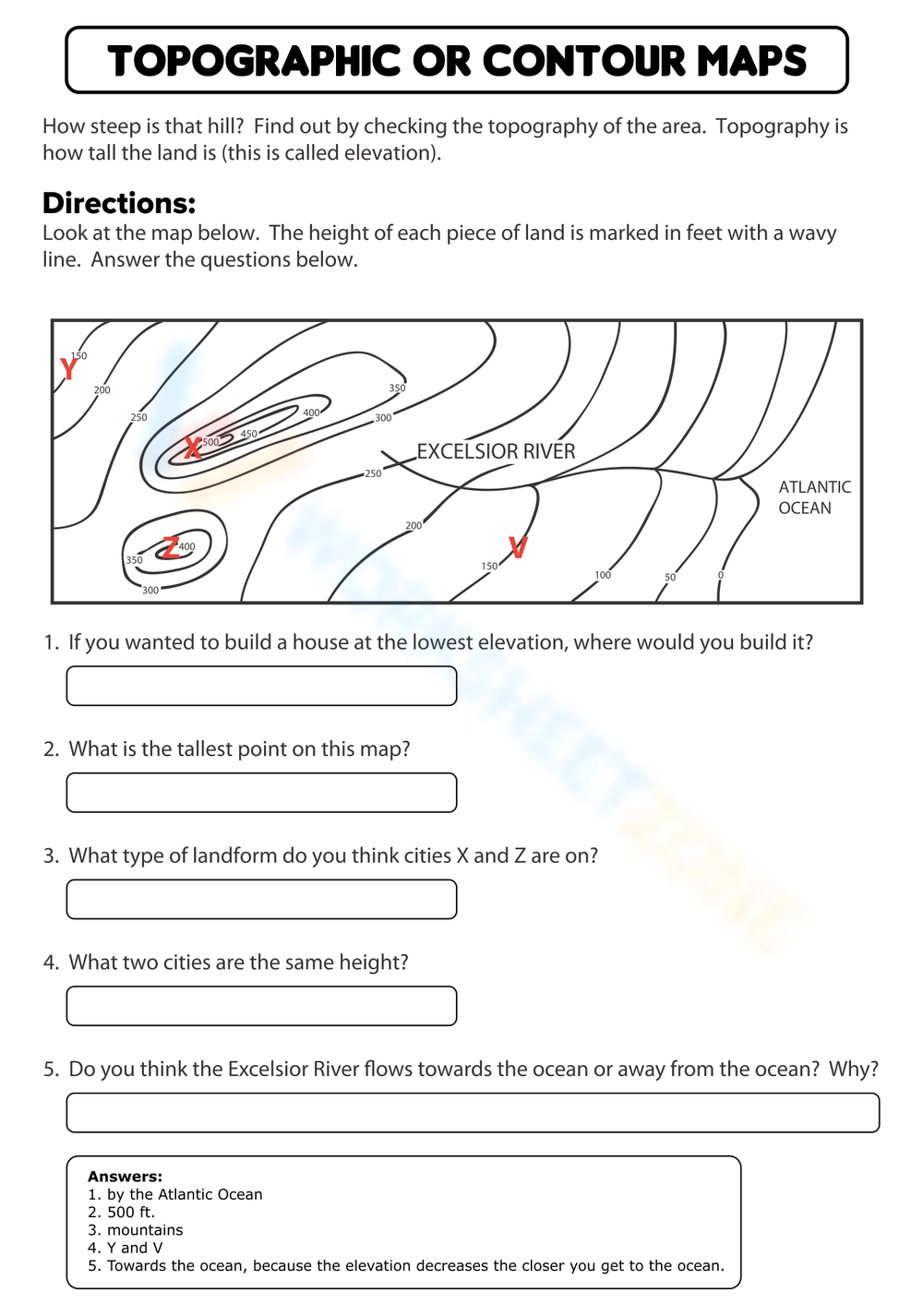 Contour Lines Topographic Map Worksheets