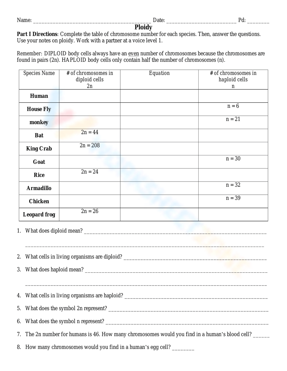Ploidy Worksheet