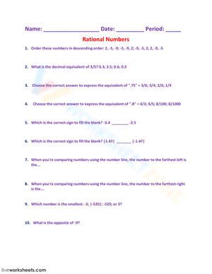 Understanding Rational Numbers: A Practice Sheet Worksheets