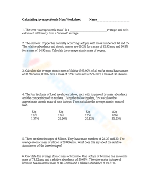 Calculate Atomic Mass Worksheet