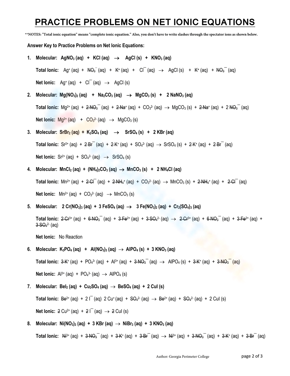 PRACTICE PROBLEMS ON NET IONIC EQUATIONS Worksheet PRACTICE PROBLEMS ON NET IONIC EQUATIONS Worksheet