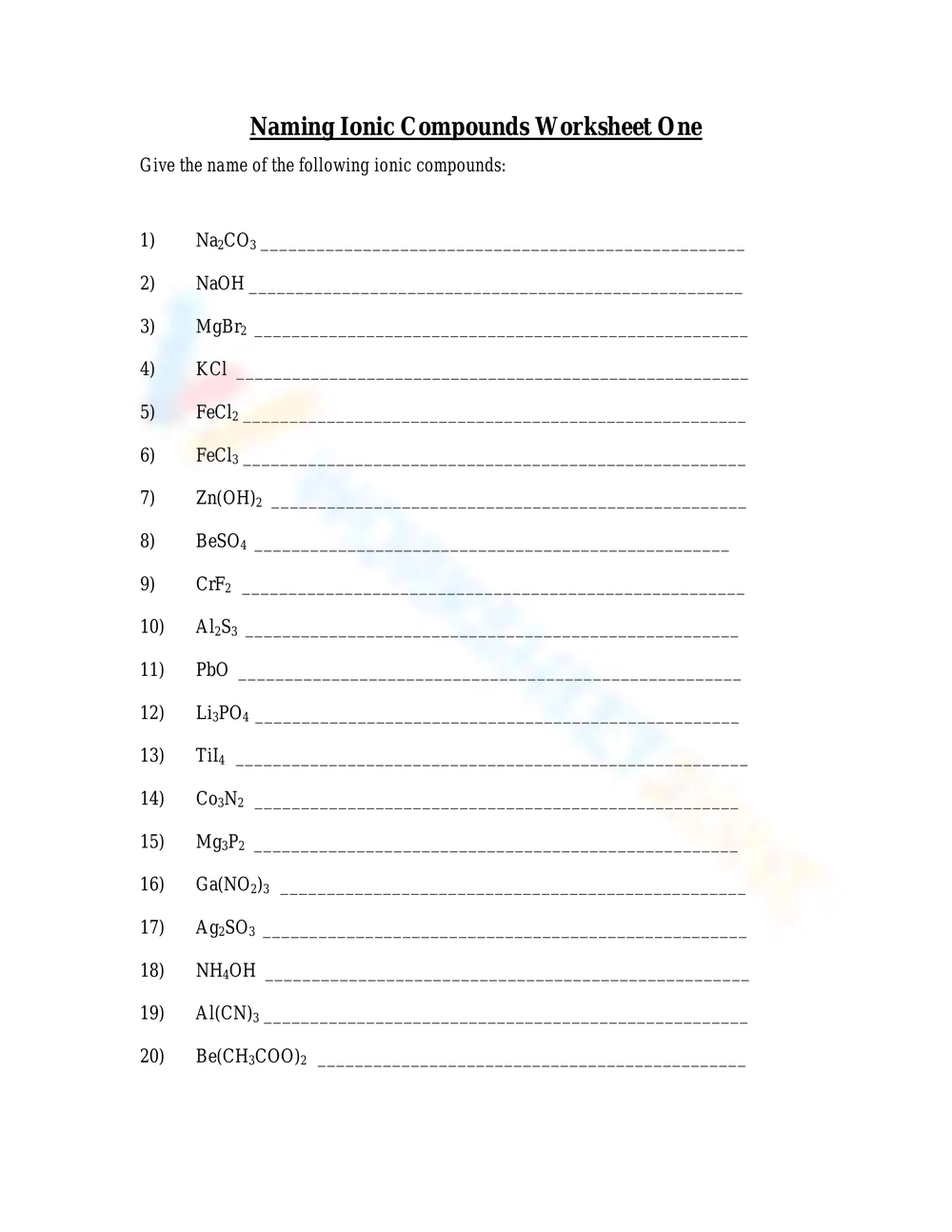 Worksheet: Naming Ionic Compounds Worksheet