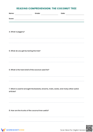 Printable Coconut Tree Reading Comprehension | Grade 7-9 Worksheets