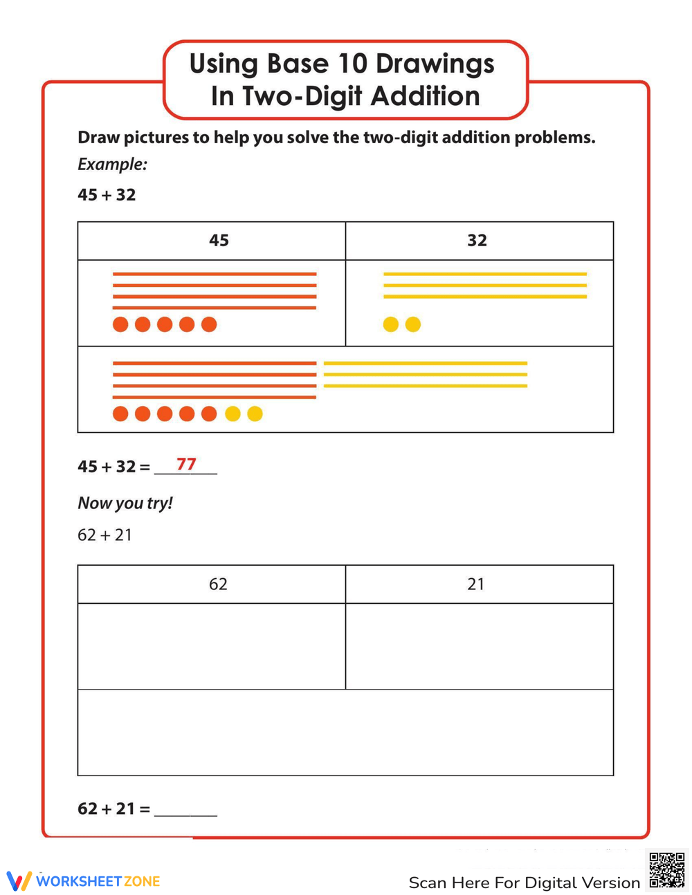 Using Base 10 Drawings In Two-Diqit Addition Worksheet