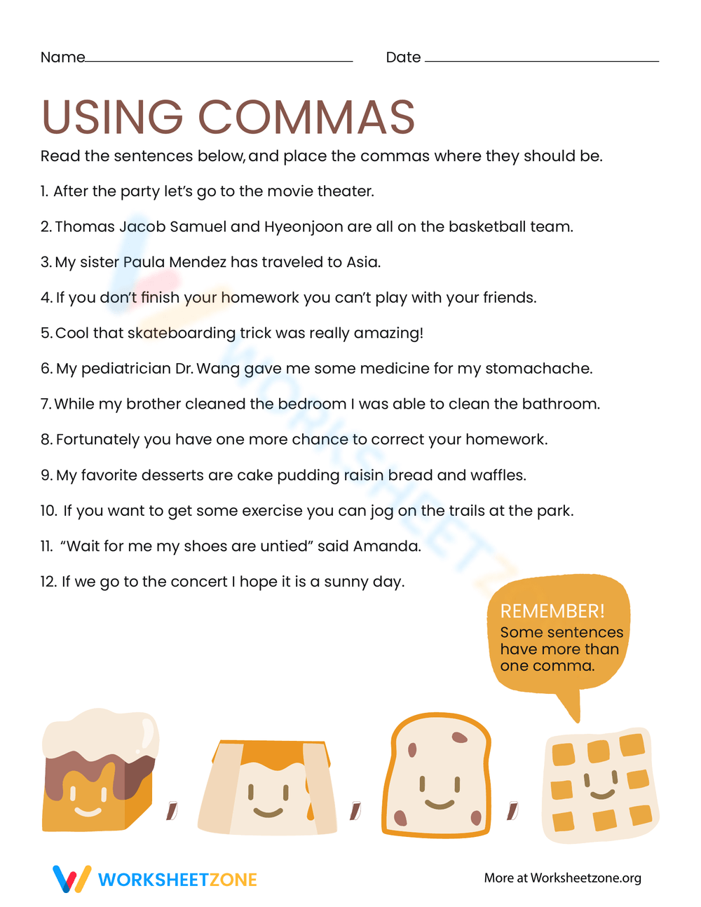 Using Commas Worksheet Using Commas Worksheet