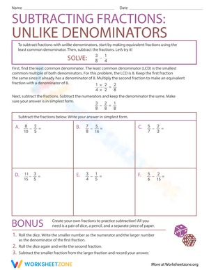 Fraction Subtraction Practice Worksheet