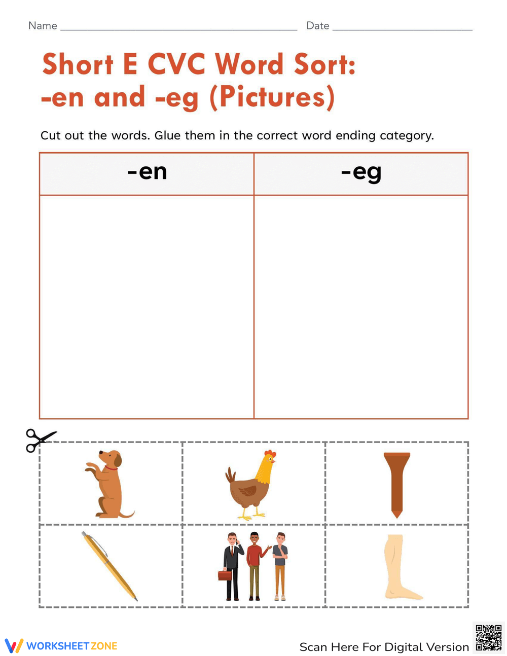 Short E CVC Word Sort: -en And -eg (Pictures) Worksheet Short E CVC Word Sort: -en And -eg (Pictures) Worksheet