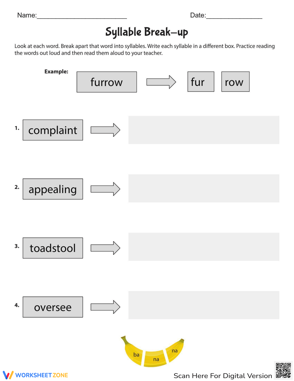 Syllable Break-up Worksheet