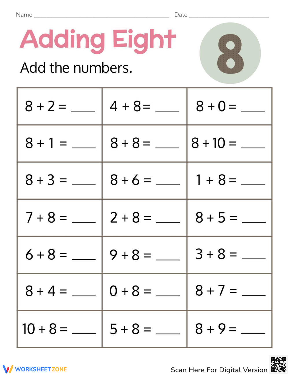 Adding Eight Worksheet