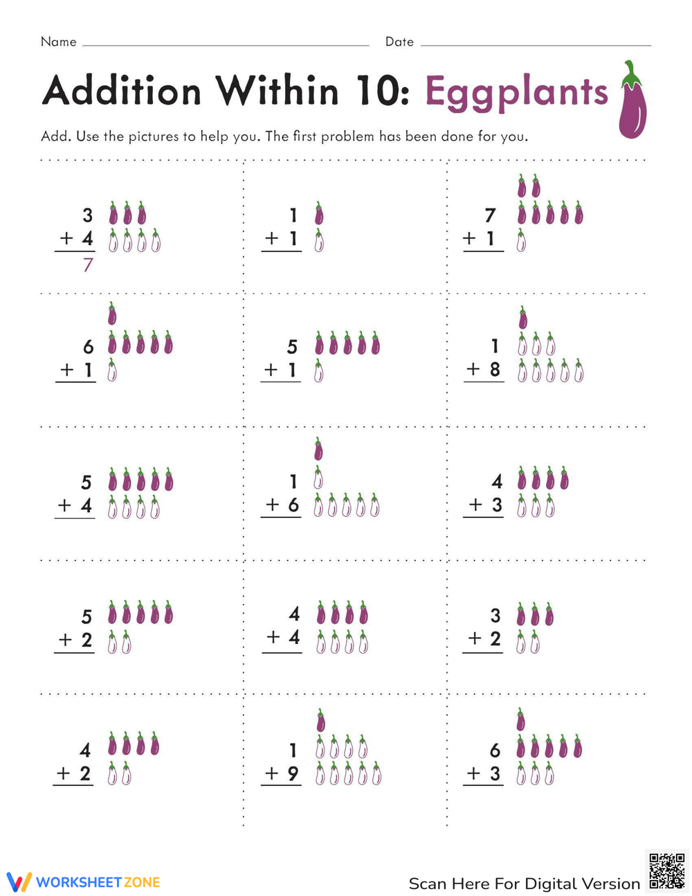 Addition Within 10: Eggplants Worksheet