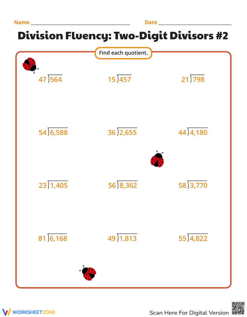 Division Fluency Two Digit Divisors 2 Worksheet