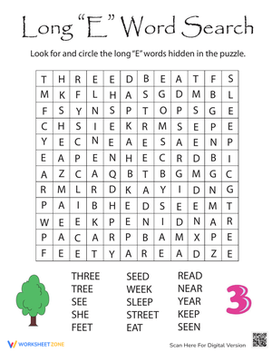 Long 'E' Sounds Word Search - Phonics Fun for Kids! Worksheets