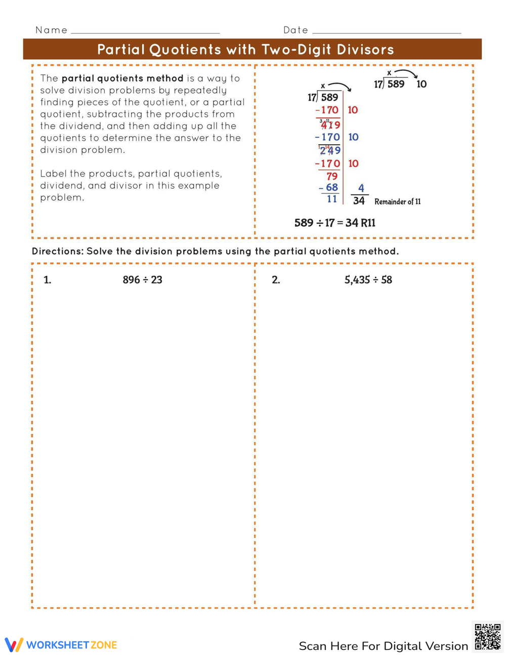 Partial Quotients With Two-Digit Divisors Worksheet Partial Quotients With Two-Digit Divisors Worksheet