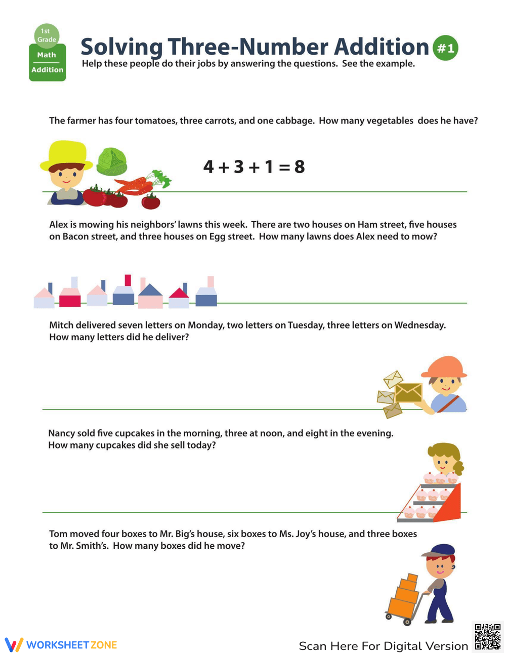 Add Three Numbers Word Problems Worksheet