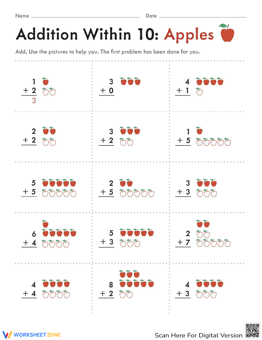 Addition Within 10: Apples Worksheet