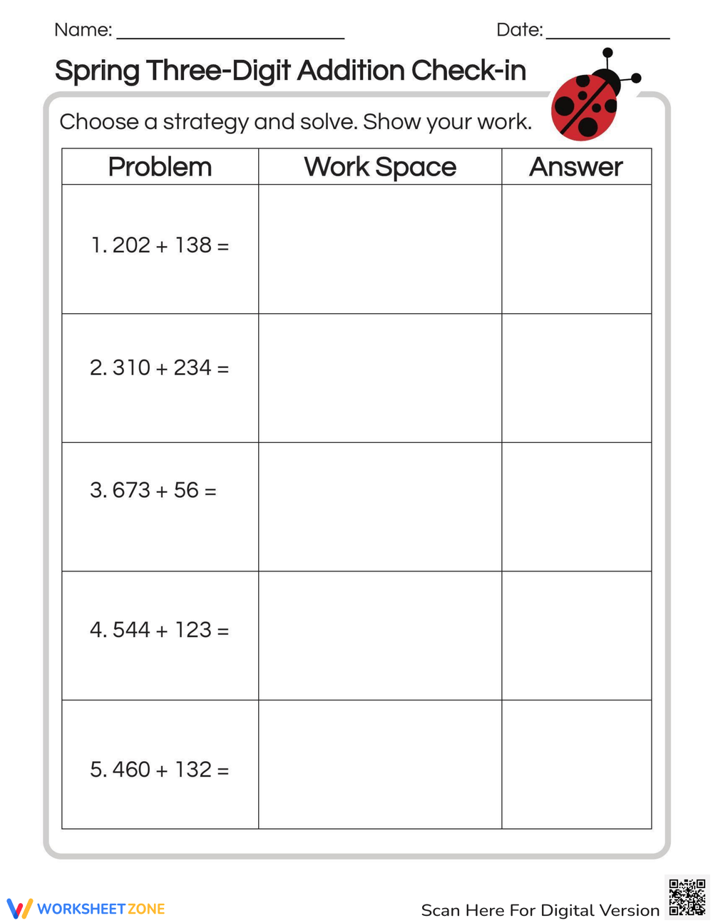 Spring Three-Digit Addition Check-in Worksheet Spring Three-Digit Addition Check-in Worksheet