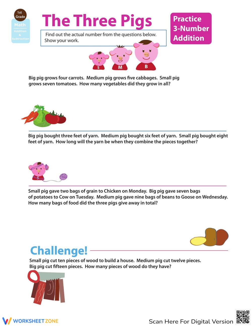 Three Pigs Addition: Adding Three Numbers Worksheet Three Pigs Addition: Adding Three Numbers Worksheet