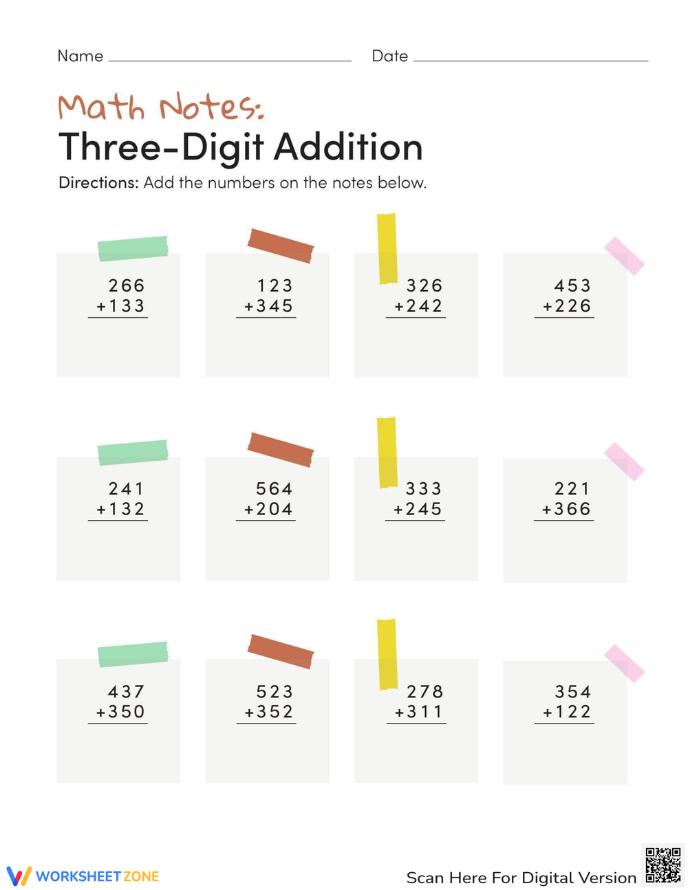 Math Notes: Three-Digit Addition Worksheet