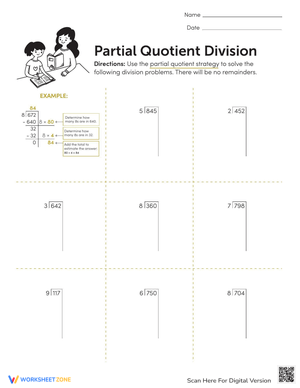 Partial Quotient Division Practice Worksheet