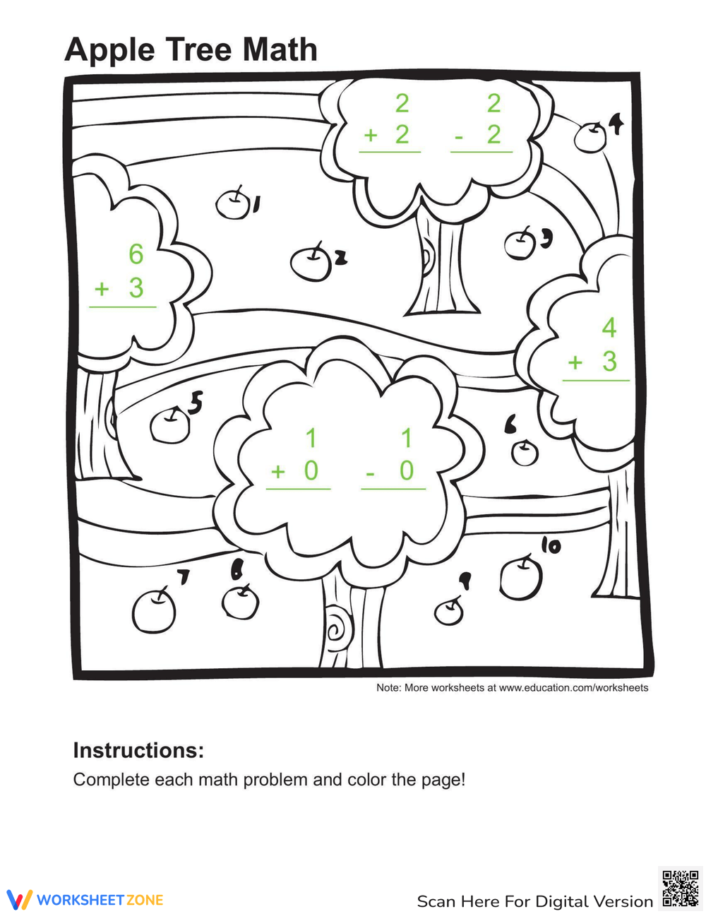Add And Color: Apple Trees Worksheet