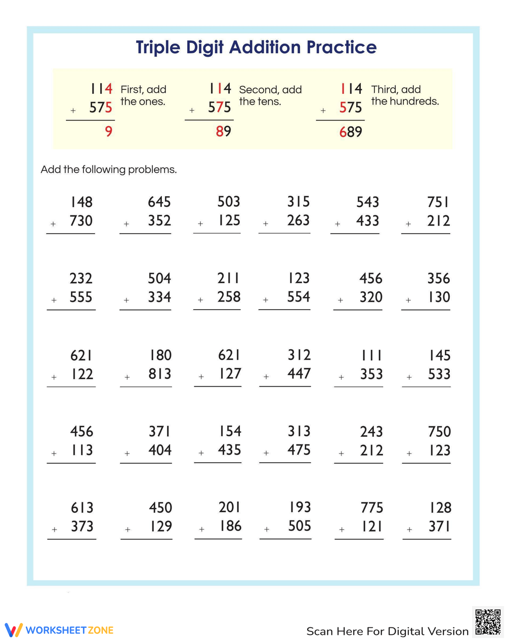 Addition Practice: Triple Digits Worksheet