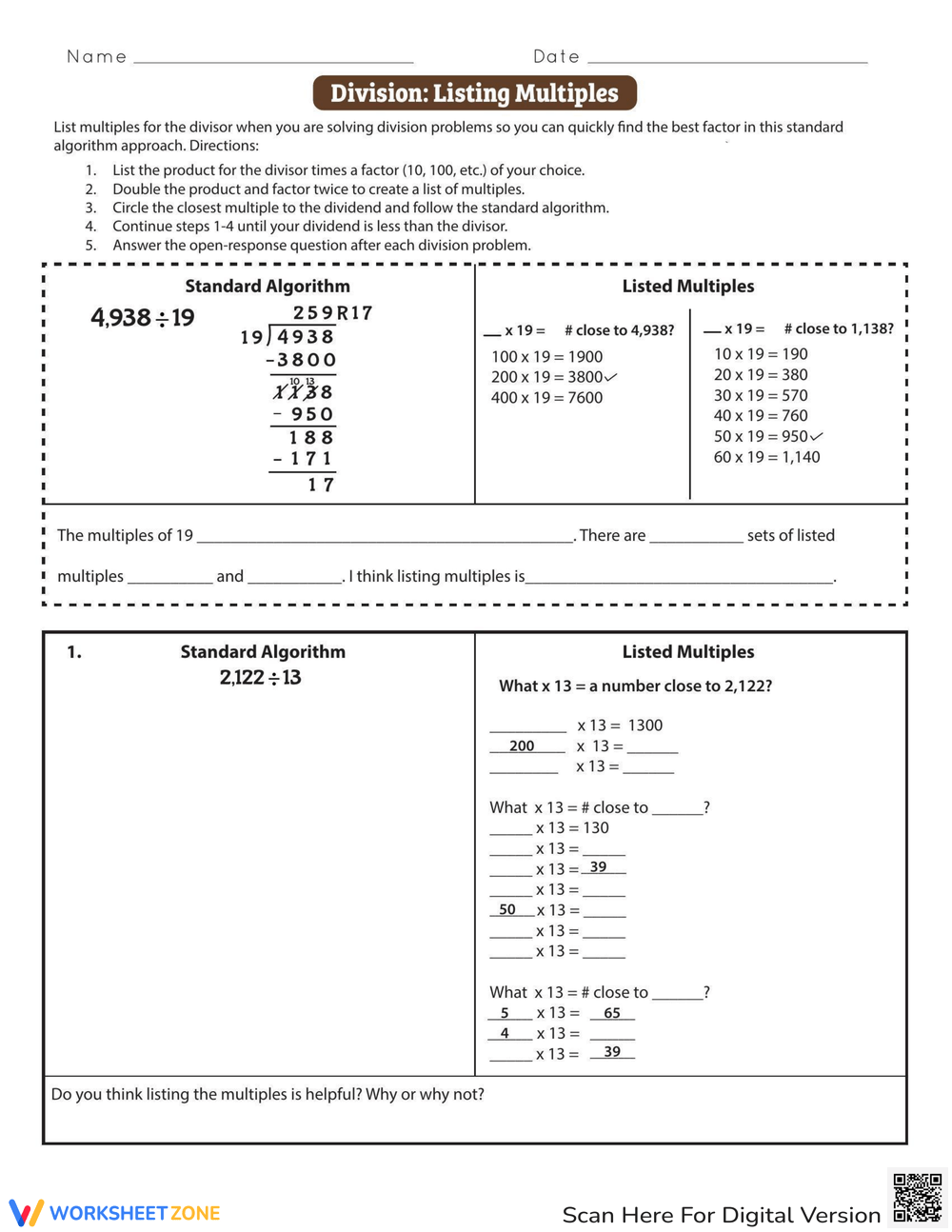 Division: Listing Multiples Worksheet