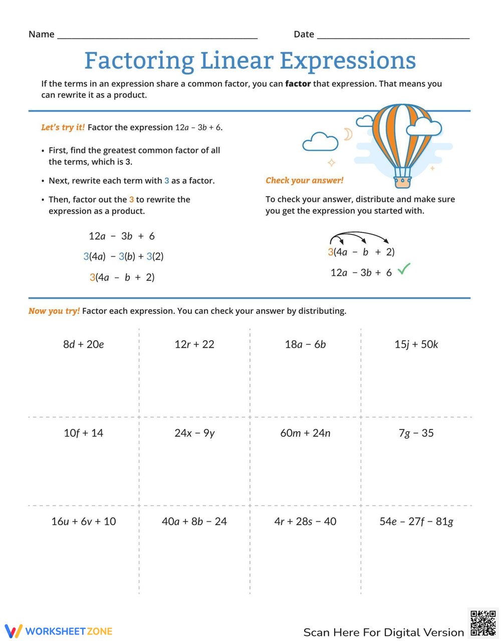 Factoring Linear Expressions Worksheet Factoring Linear Expressions Worksheet