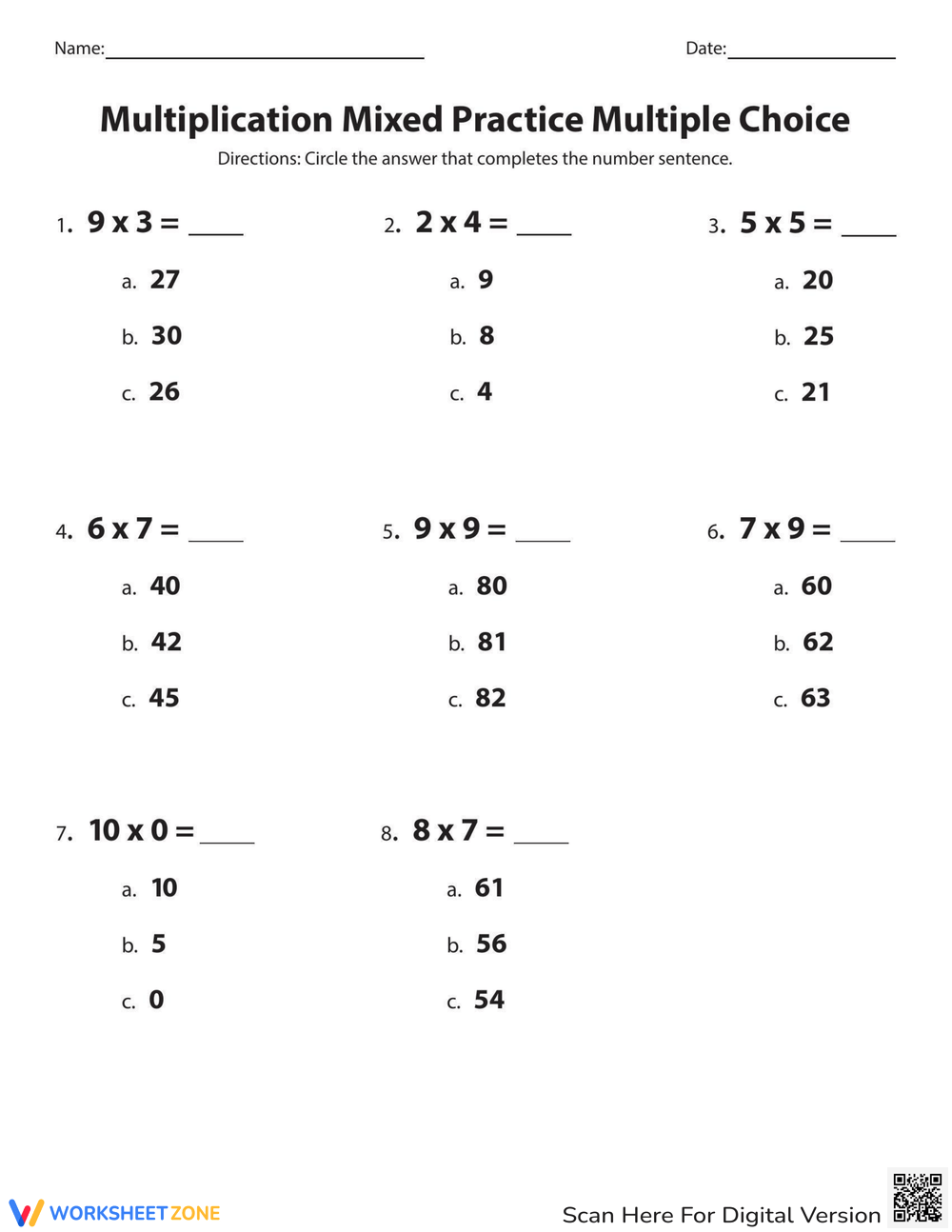 Multiplication Multiple Choice Mixed Practice Worksheet Multiplication Multiple Choice Mixed Practice Worksheet