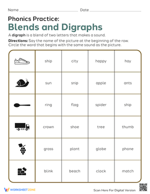 Phonics Practice Test: Blends and Digraphs Worksheets