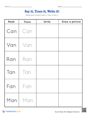 Say It, Trace It, Write It: Practice Worksheets