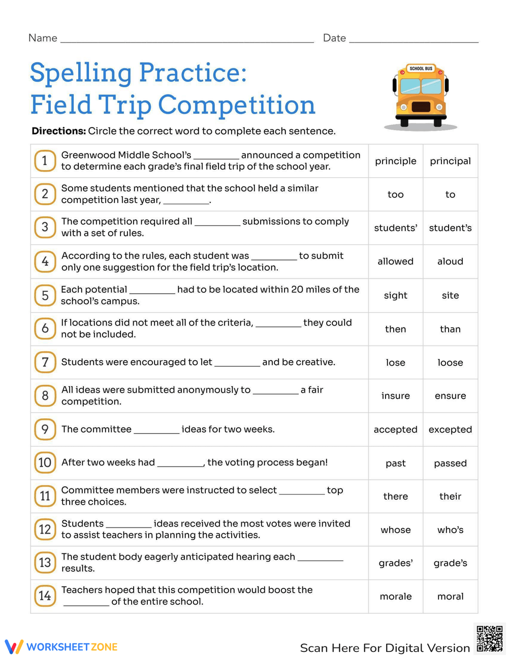 Spelling Practice: Field Trip Competition Worksheet