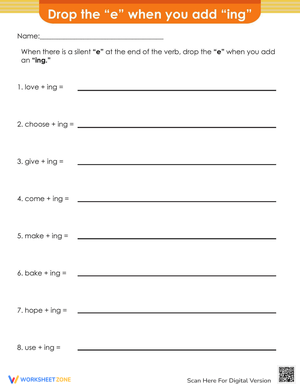 Drop E, Add ING: Spelling Rule Practice Worksheets